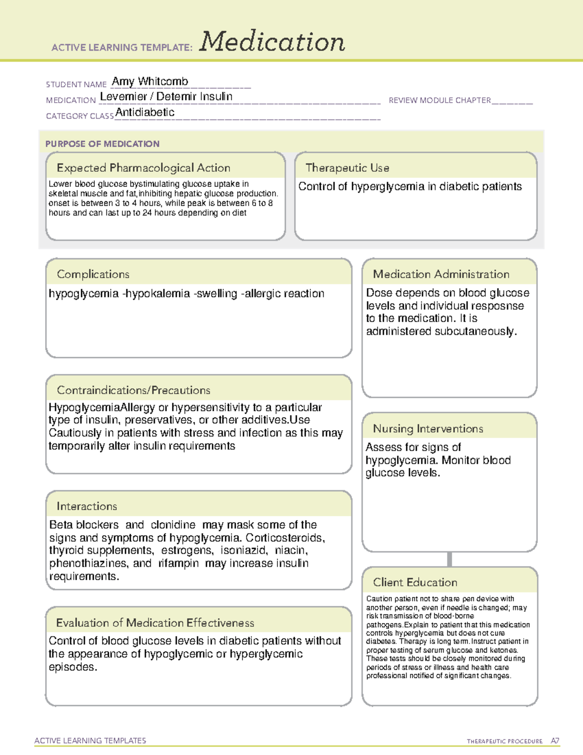 ATI Levemir Detemir Insulin Medication Template for Active Learning ...