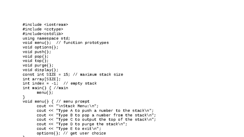 CS101: Stack Operations in C++ - Function Prototypes and Menu - Studocu