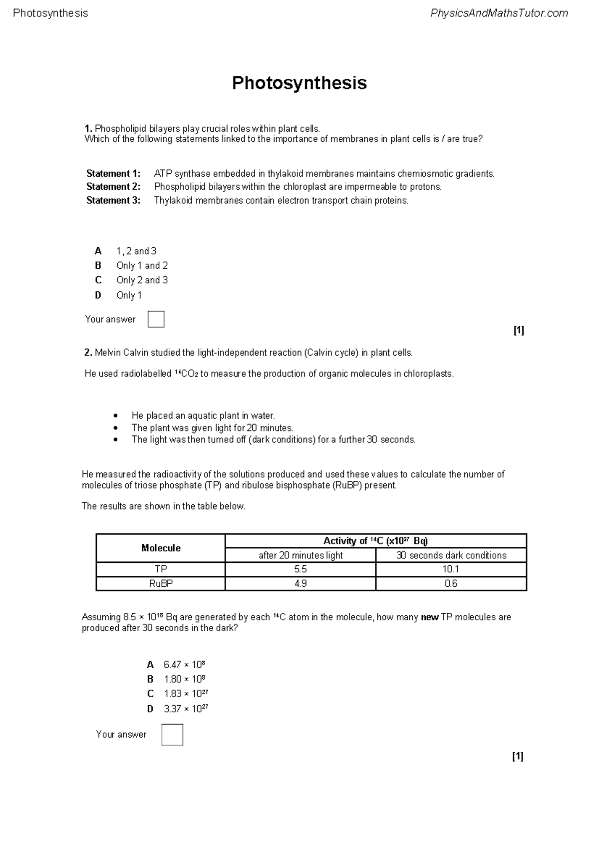 Photosynthesis Revision Notes for Biology 5.2 QP - Midterm Exam - Studocu
