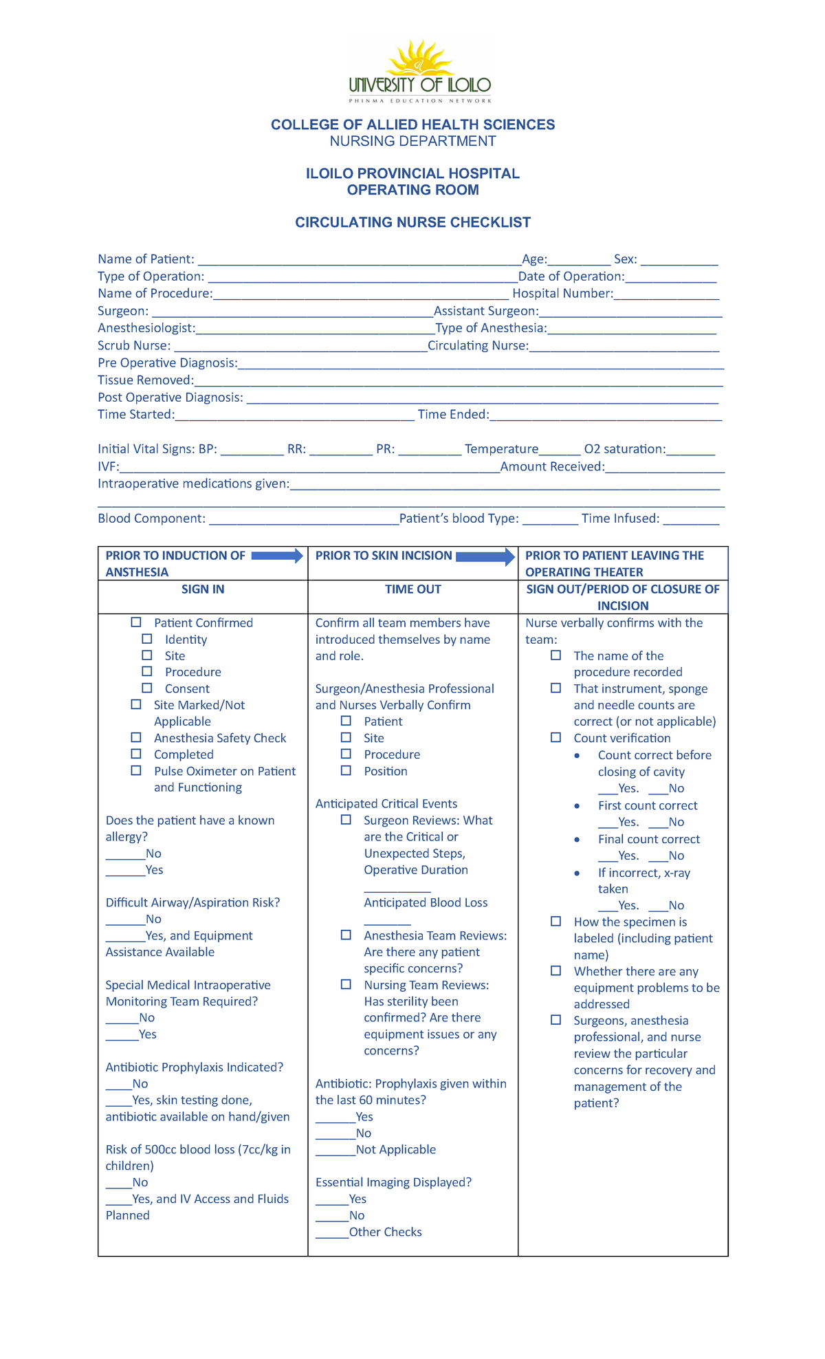 Nursing Dept. Circulating Nurse Checklist - Iloilo Provincial Hospital ...