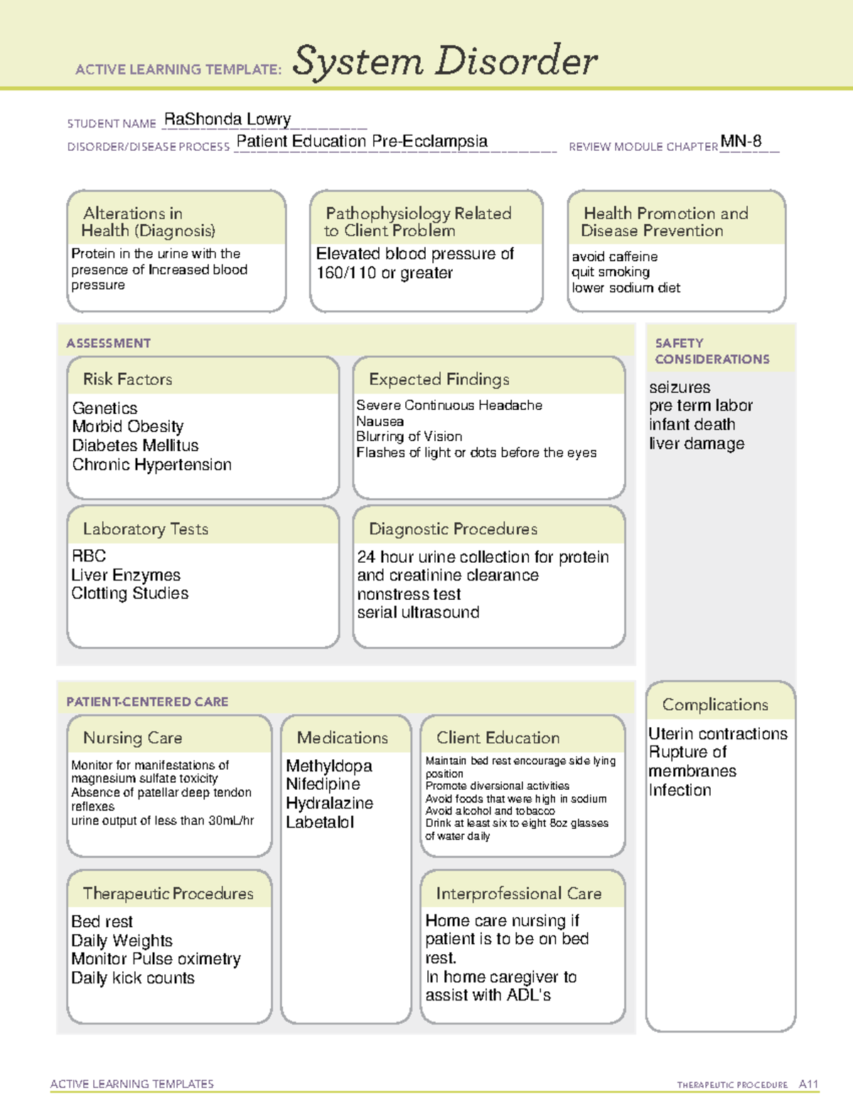 ATI System Disorder Template: Pre-Eclampsia Overview - Studocu