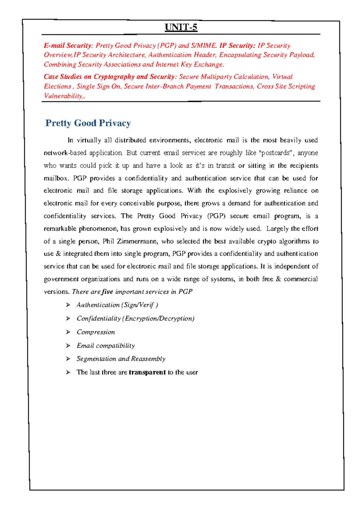 C&NS UNIT-5: E-mail Security & IP Security Overview Notes - Studocu