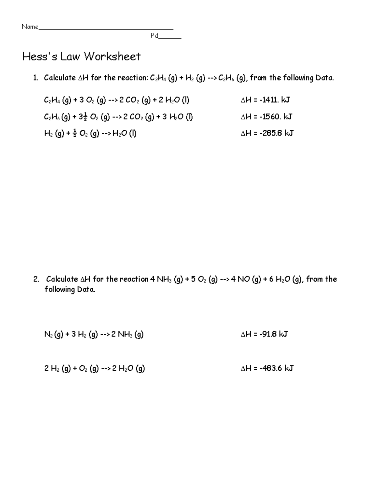 Hess's Law Calculations Worksheet - Chemistry 101 - Studocu