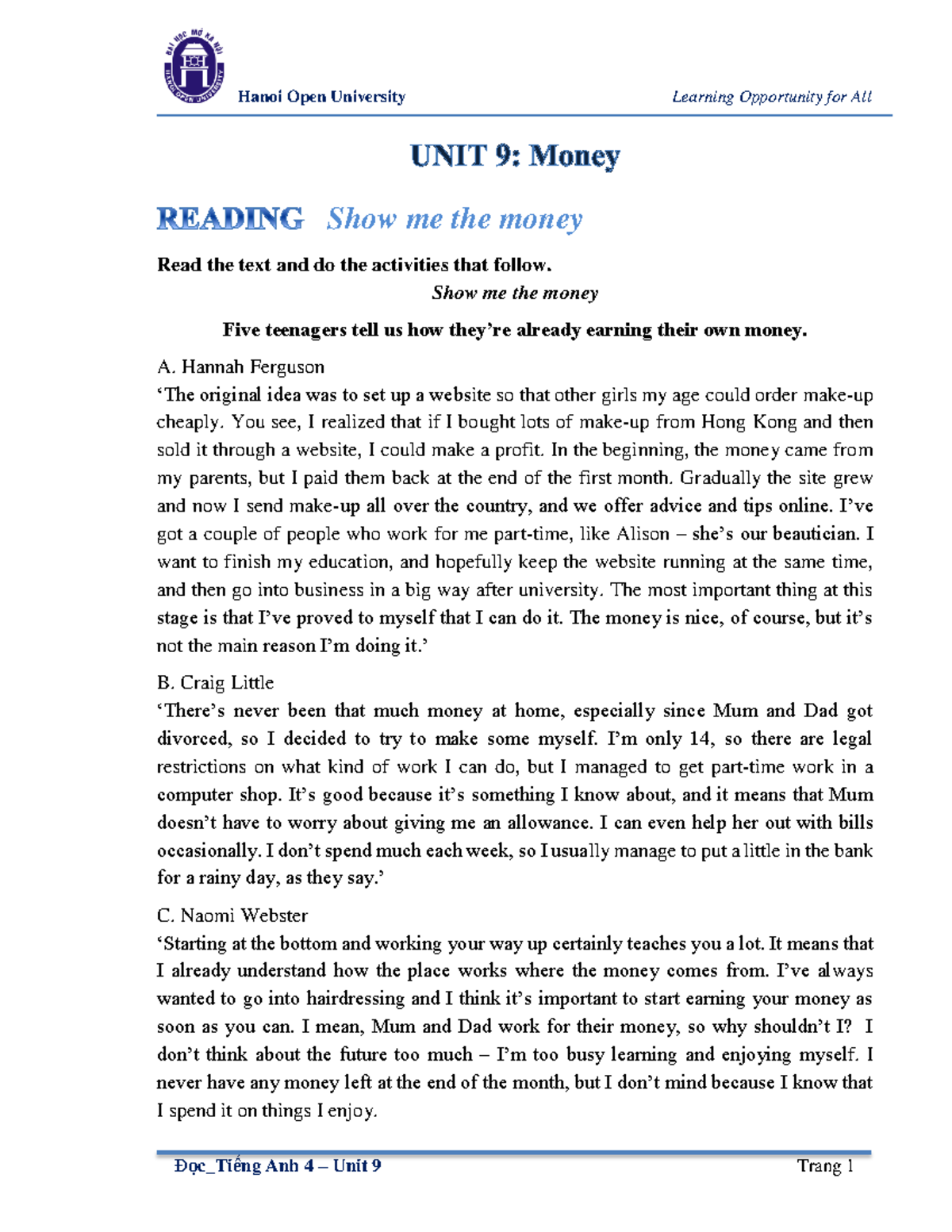 UNIT 9 Money - Reading Insights: Teenagers Earning Money - Studocu