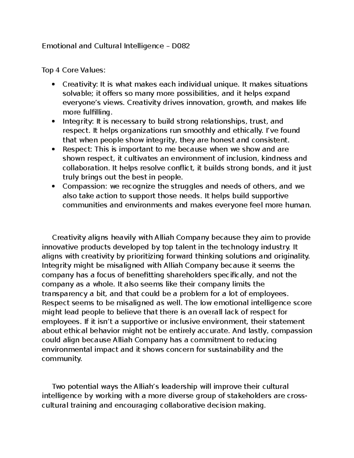 Emotional & Cultural Intelligence D082: Core Values Assessment - Studocu