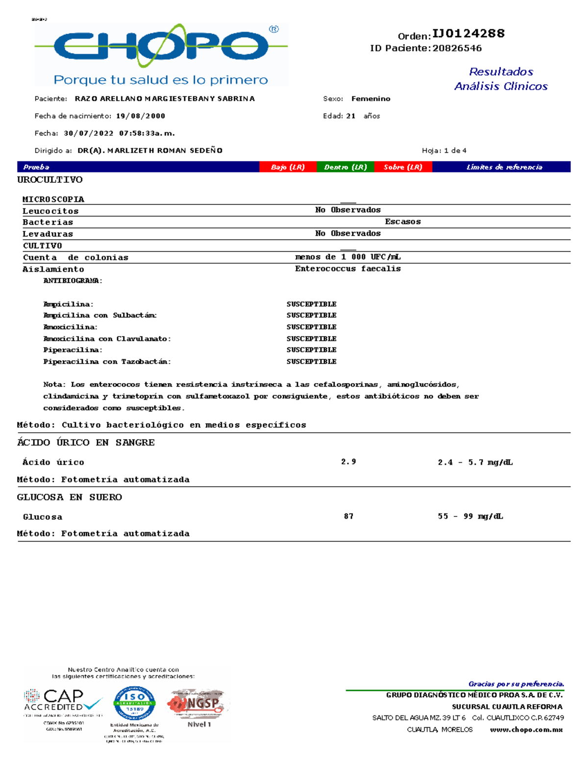 Resultados de Análisis Clínicos - Prueba IJ 30/07/2022 - Studocu