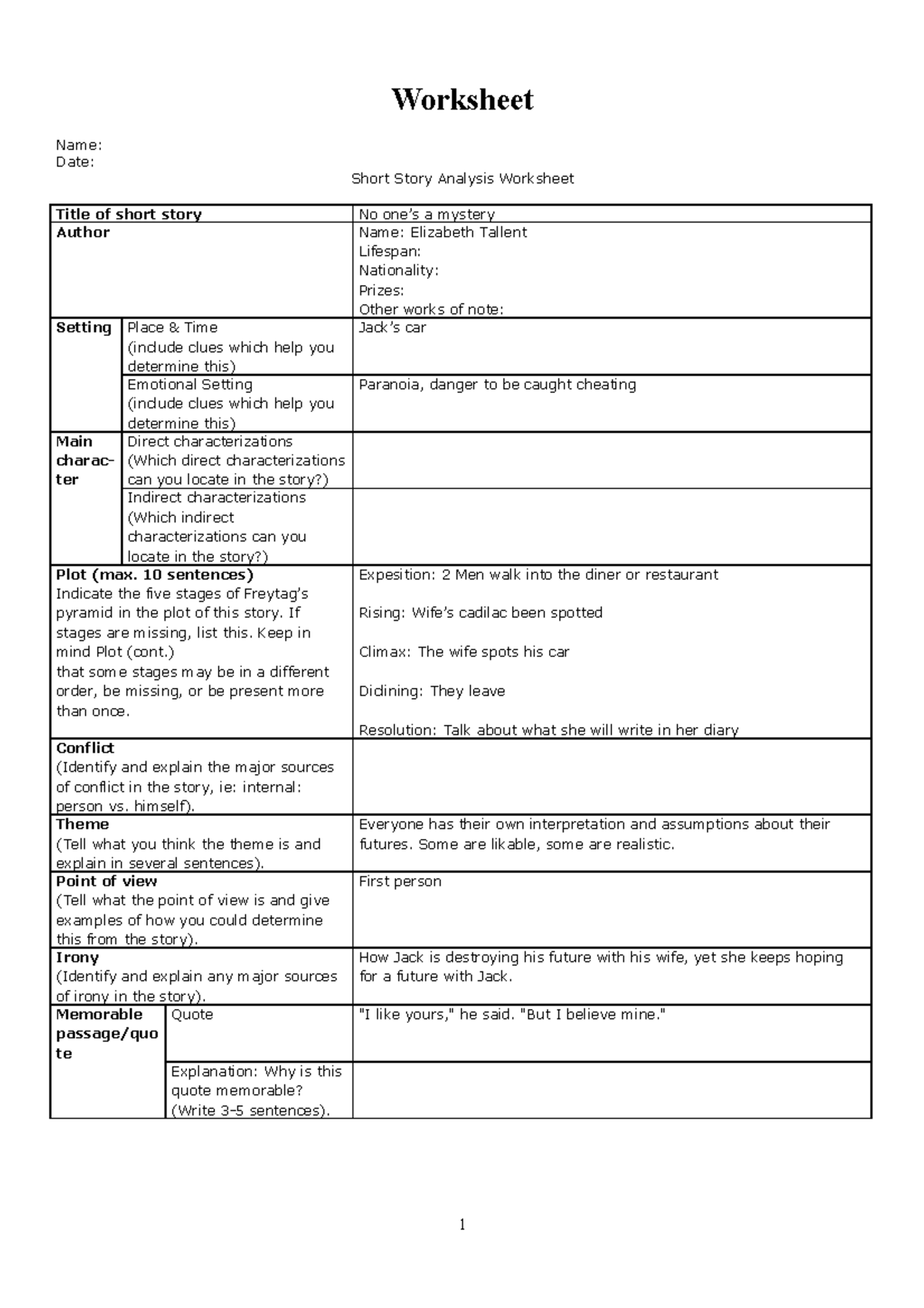 Worksheet No one s a mystery - Worksheet Name: Date: Short Story ...
