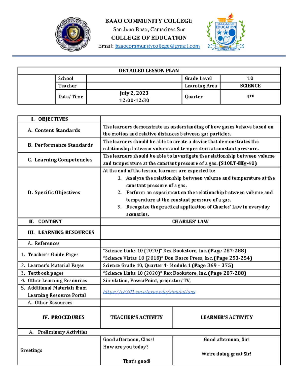 Detailed Lesson Plan on Charles' Law for Grade 10 Science - Studocu