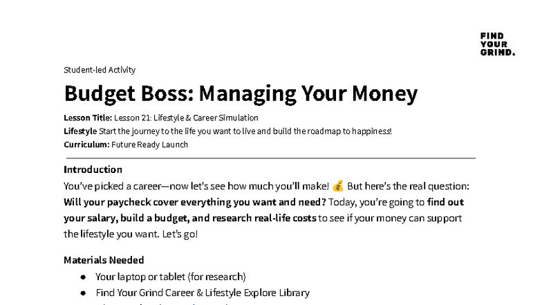 Budget Boss: Managing Your Money Lesson 21 - Career Simulation - Studocu