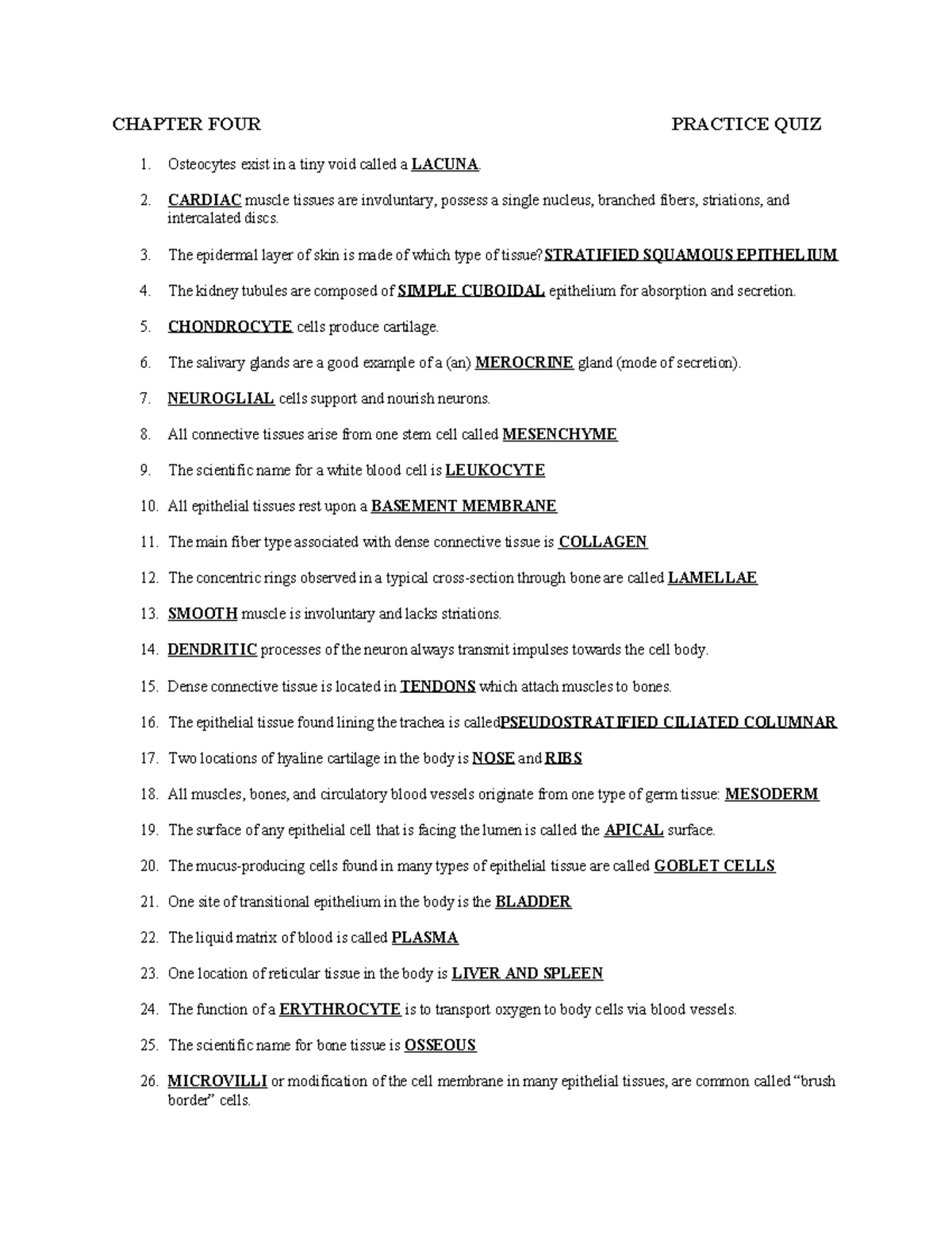 CHAPTER FOUR PRACTICE QUIZ 4: Tissue Types and Functions - Studocu