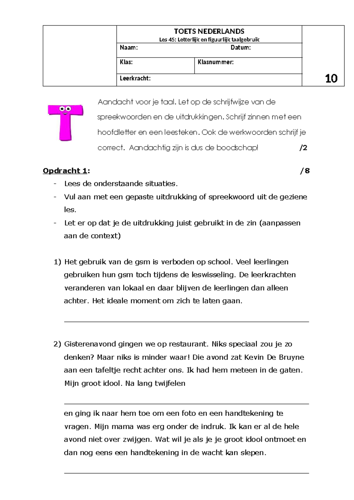 Toets Nederlands Les 45: Spreekwoorden en Uitdrukkingen - Studocu