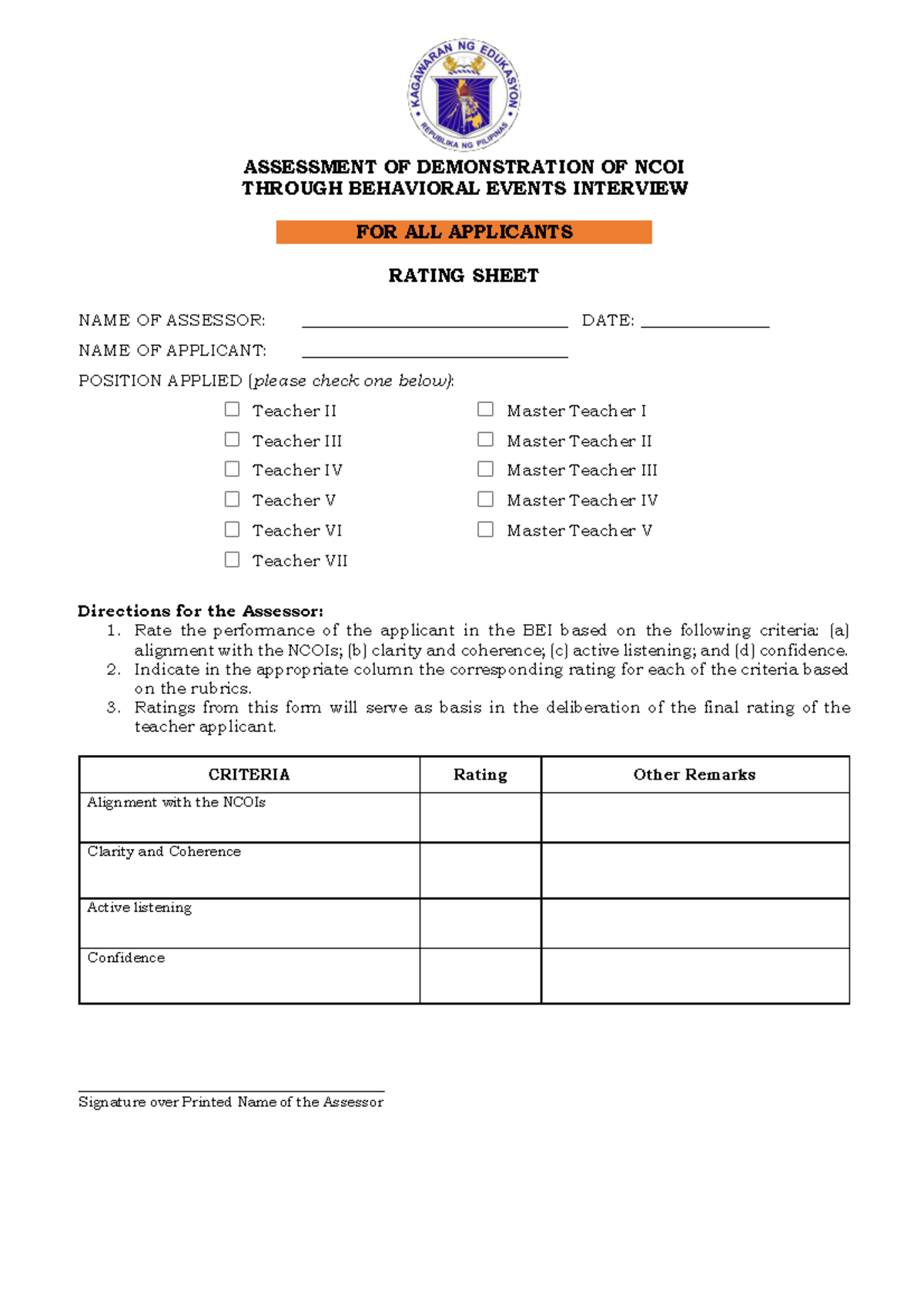 NCOI BEI Applicant Rating Sheet for Teacher Positions - Studocu