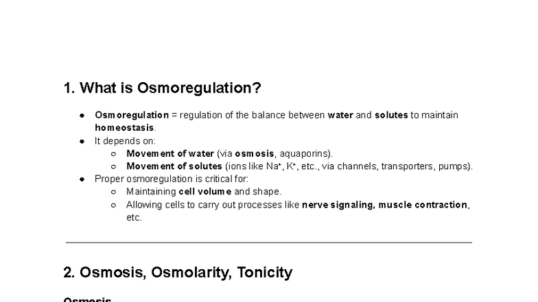 BIO 101 Lecture Notes: Osmoregulation and Water Balance - Studocu