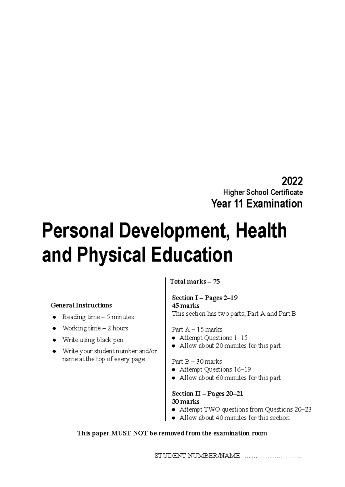 PDHPE Year 11 Exam Questions 2022 - Total Marks 75 - Studocu