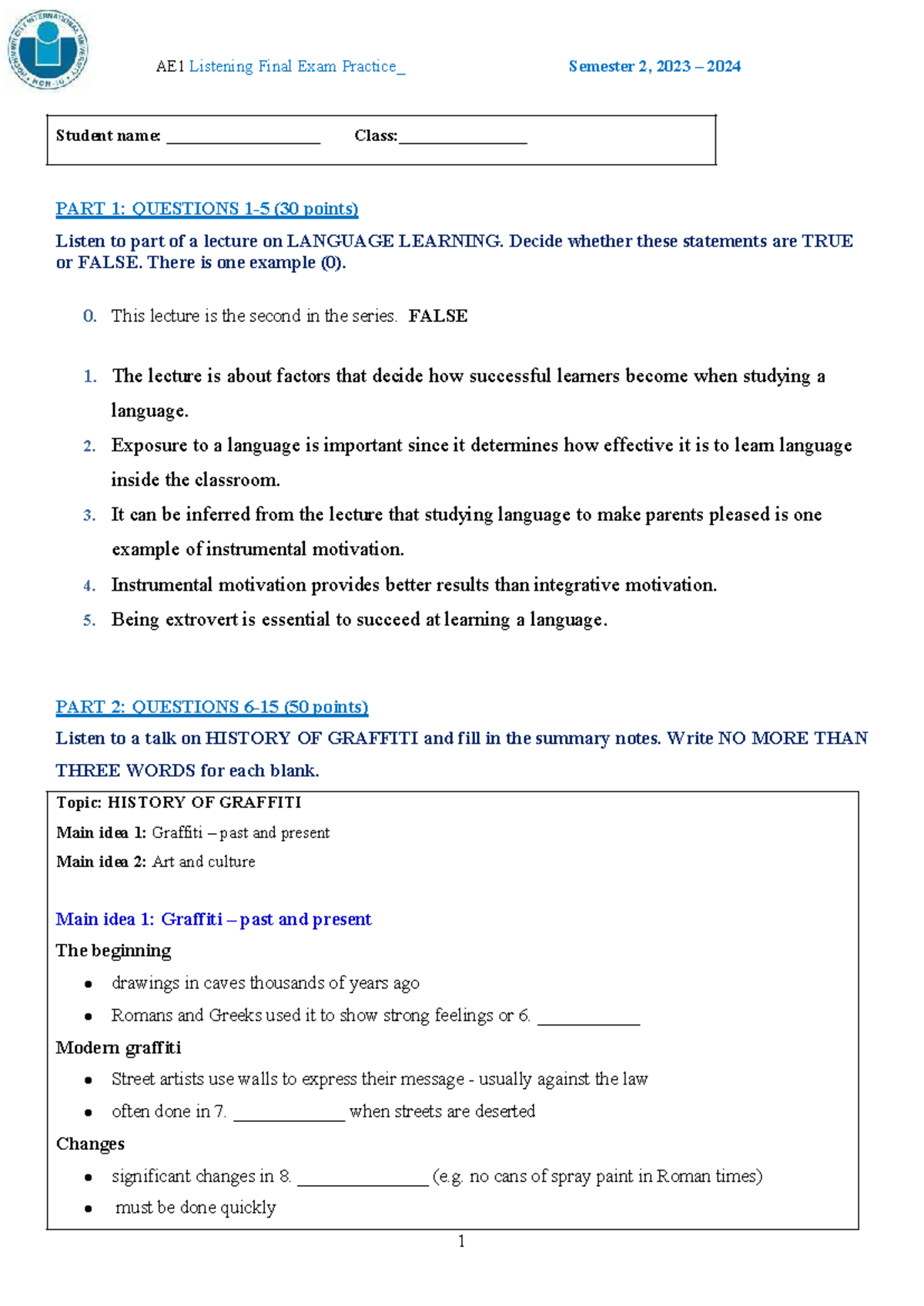AE1 L Final Sample Exam Practice for Semester 2, 2023-2024 - Studocu