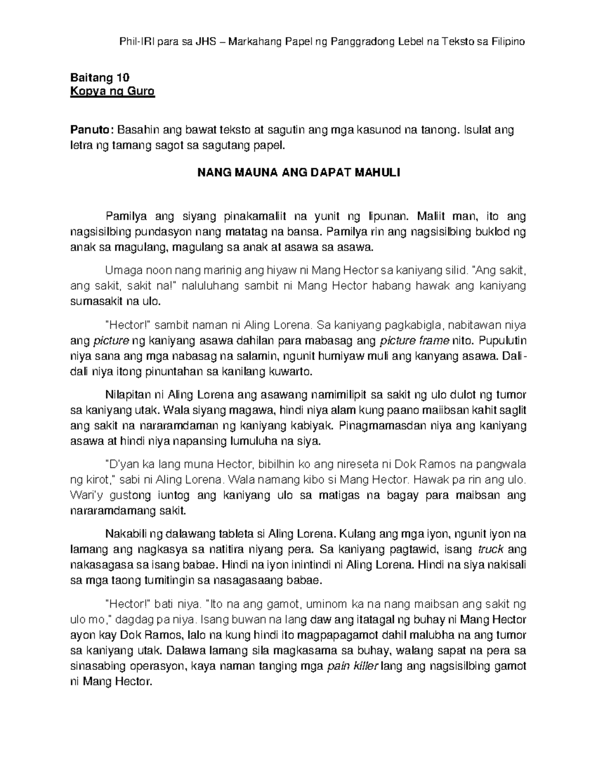 Filipino 10 para sa Guro - Baitang 10 Kopya ng Guro Panuto: Basahin ang ...