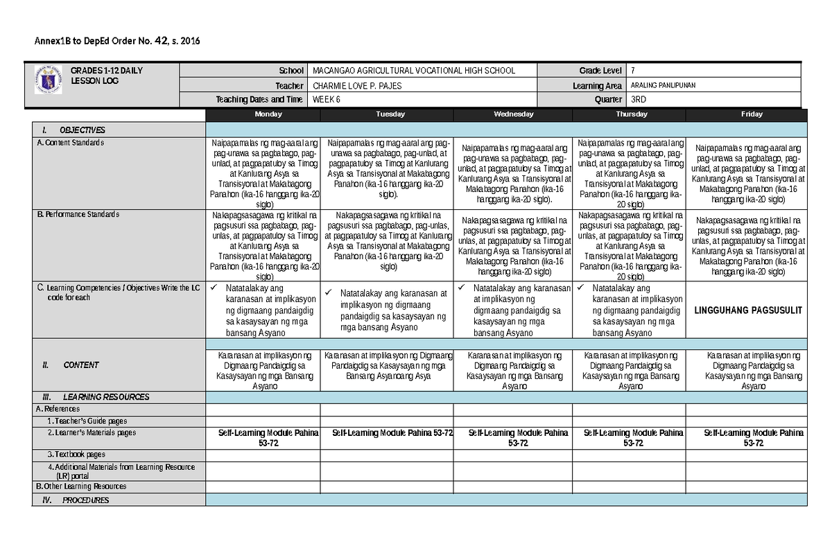 DLL AP W6 - dll - Annex1B to DepEd Order No. 42 , s. 2016 GRADES 1-12 ...