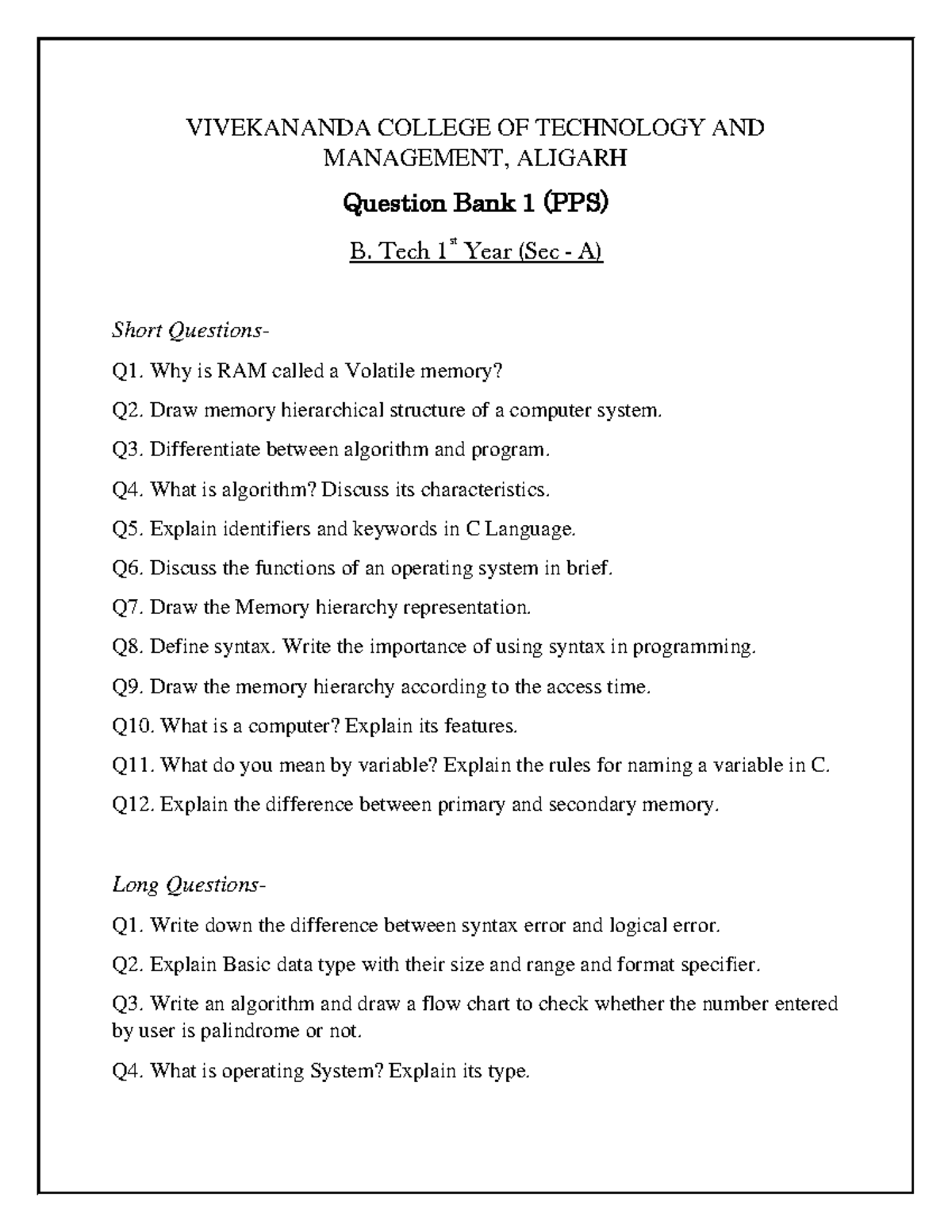 Question Bank 1 (PPS) for B. Tech 1st Year (Sec A) - Short & Long Questions - Studocu