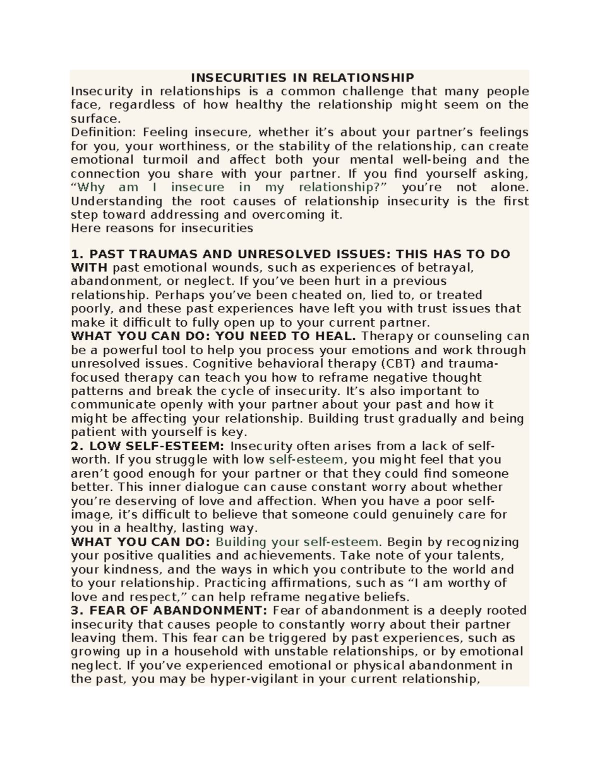 Insecurities in Relationships: Understanding and Overcoming Challenges - Studocu