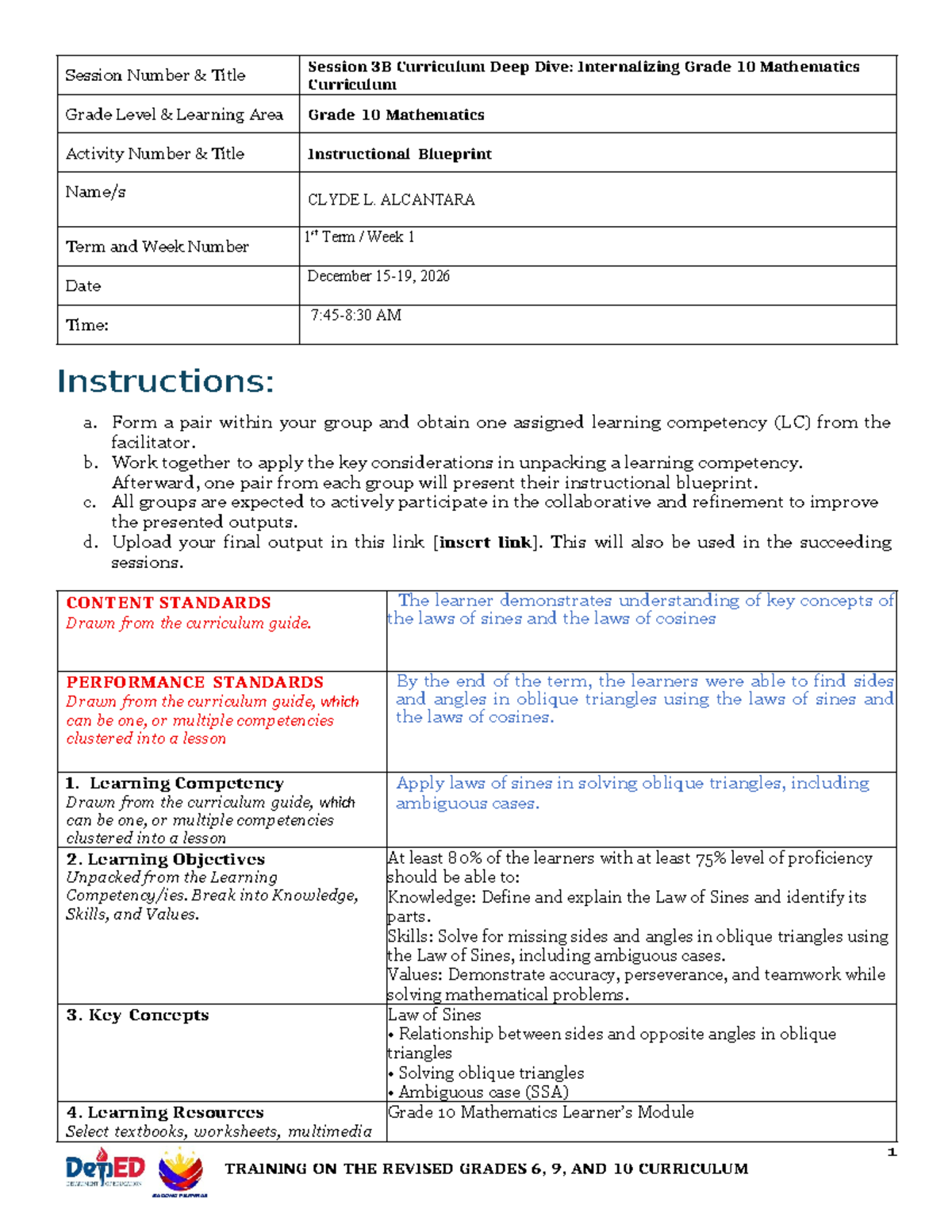 Grade 10 Mathematics Lesson Plan: Unpacking the Law of Sines - Studocu