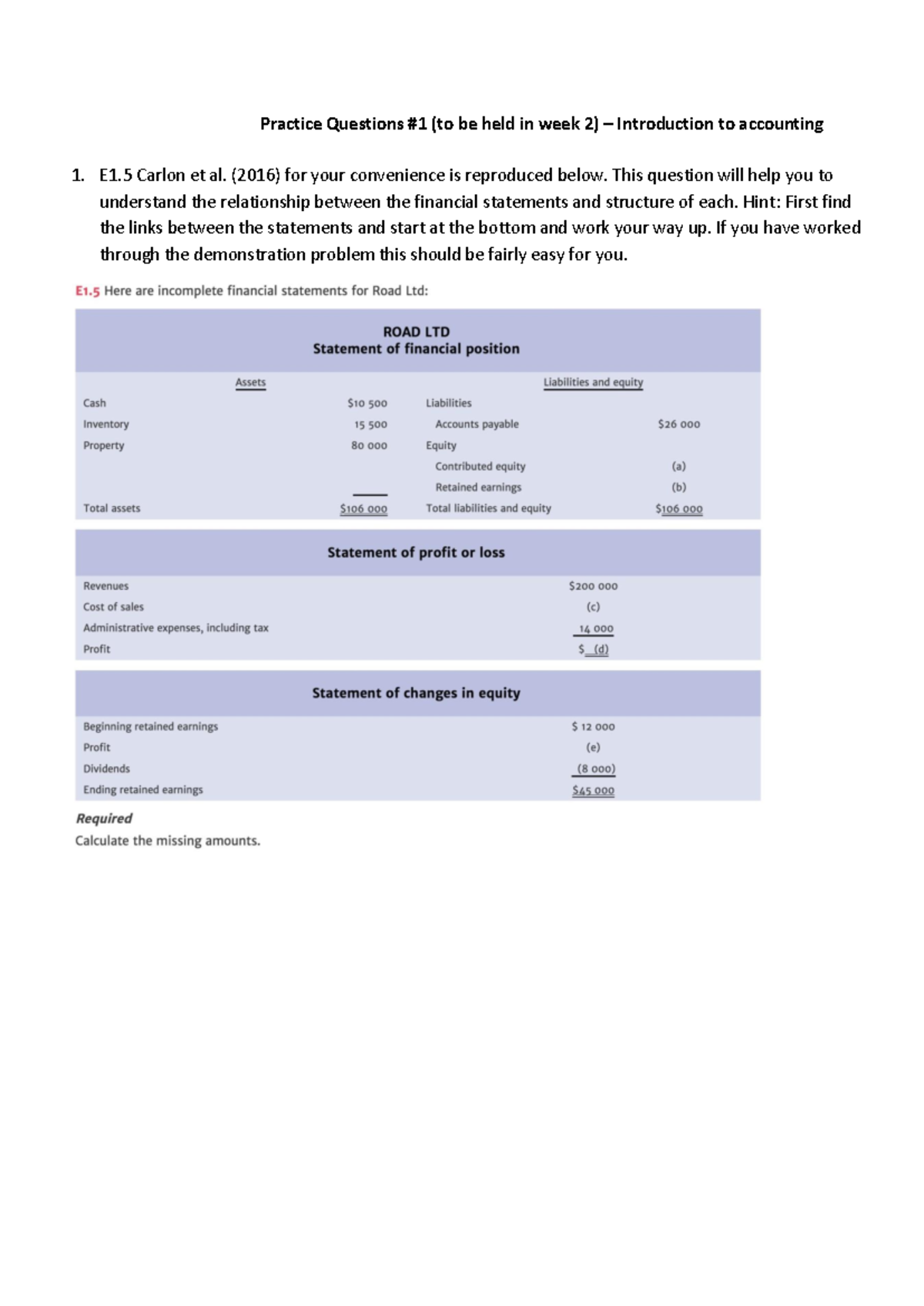 Practice Questions for Intro to Accounting 1 (Wk 2) - Studocu