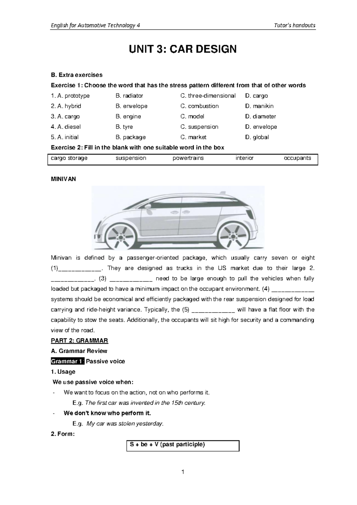 Unit 3-Tutor s handouts - UNIT 3: CAR DESIGN B. Extra exercises ...