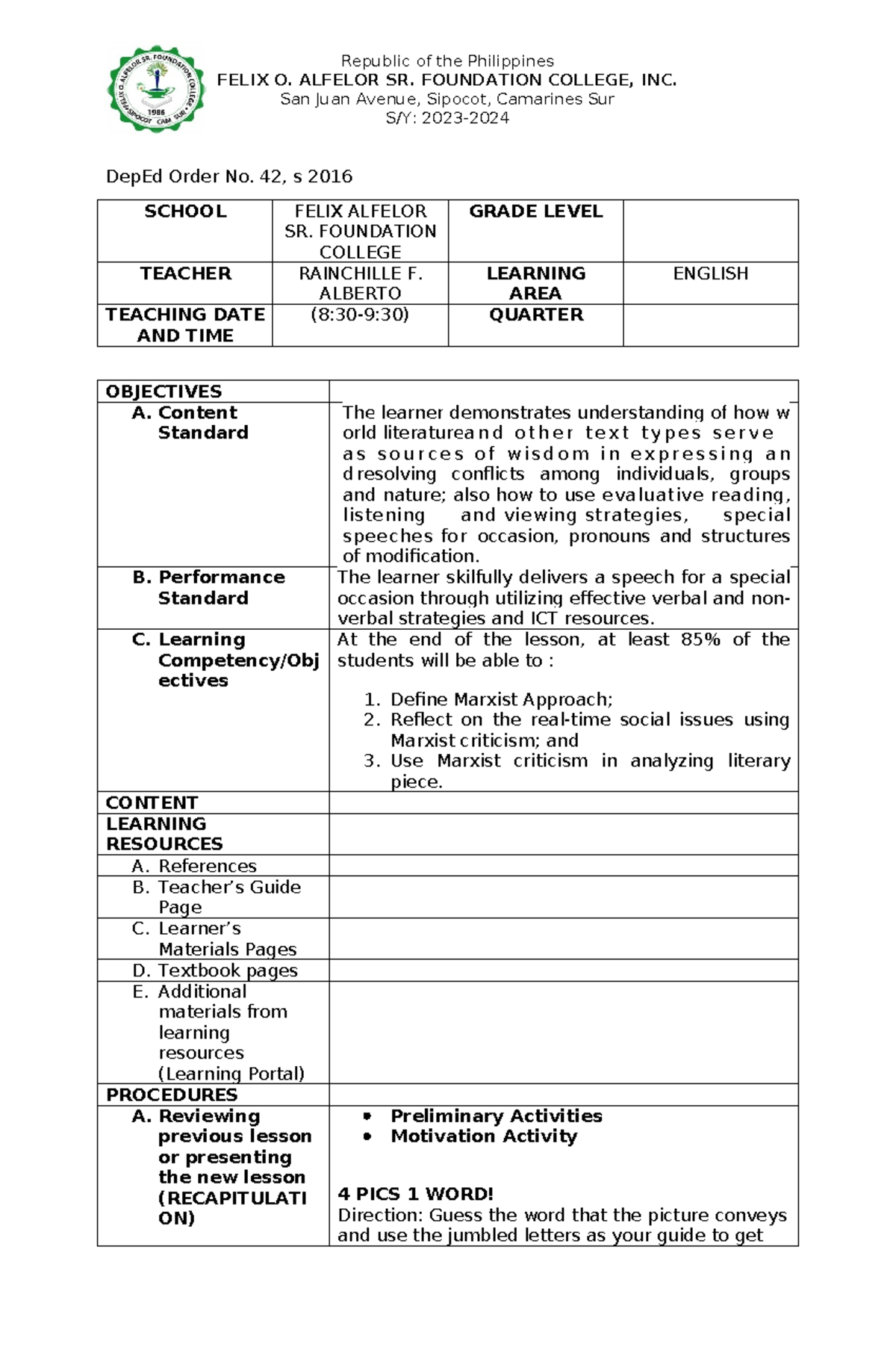 Marxist Literary Criticism Lesson Plan G-10 - Studocu