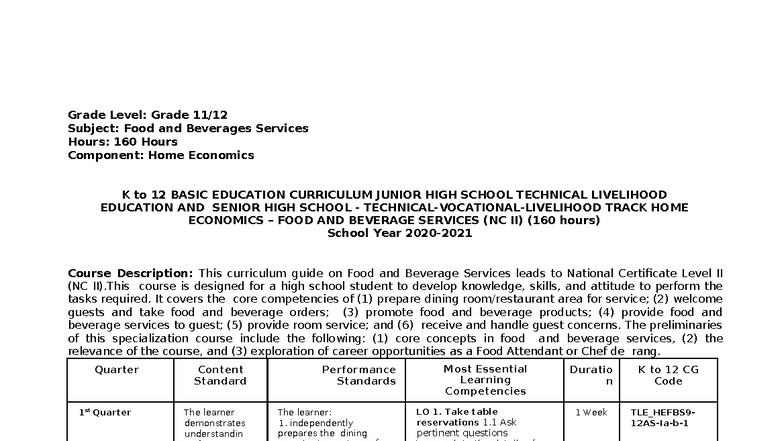 K to 12 TLE_HEFBS912 Curriculum Guide: Food & Beverage Services (NC II ...
