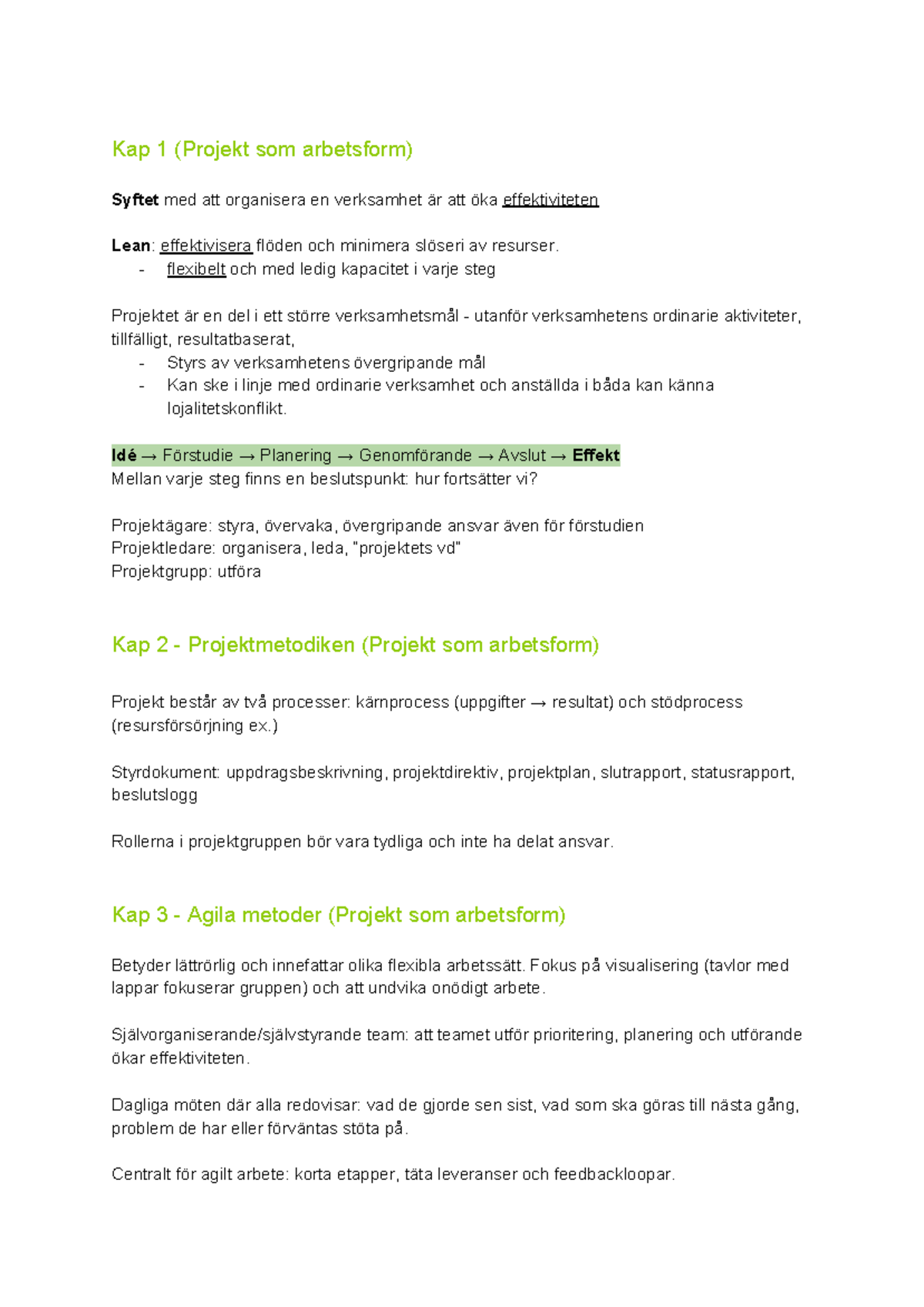Kapitelsummeringar i Projektledning: Effektivisering och Agila Metoder ...