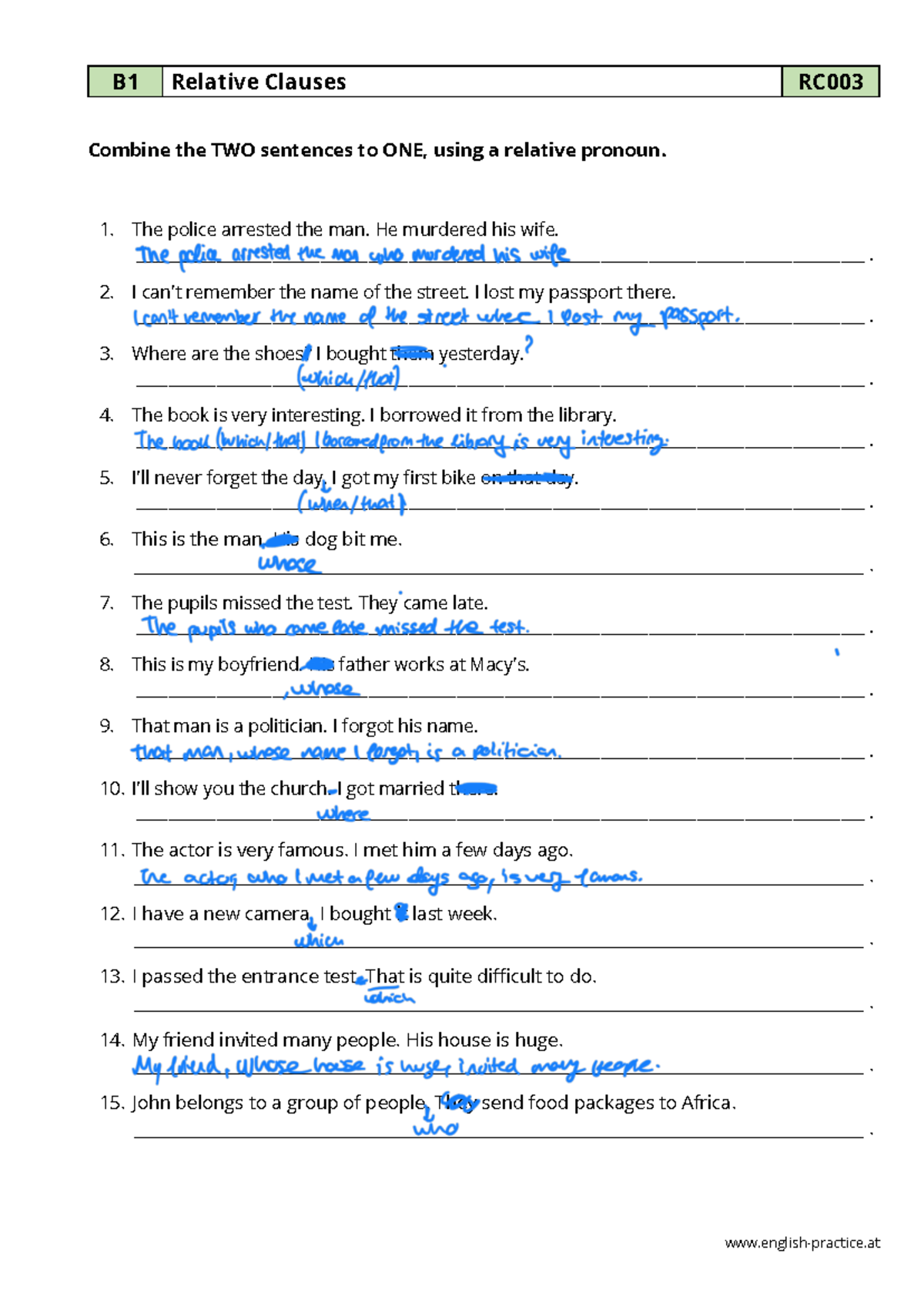 B1 RC003 Relative Clauses Practice Exercises and Key - Studocu