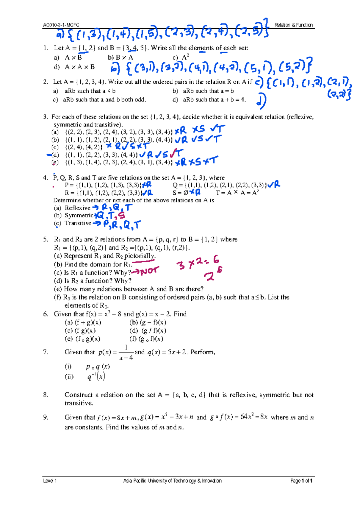 Chapter 3 - Relations and Functions (Course Code: APU 101) - Studocu