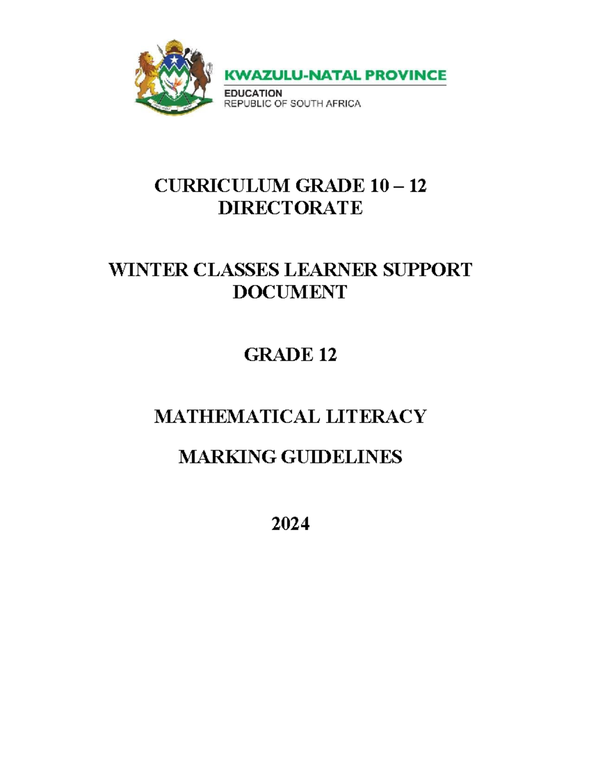 Final Marking Guide for Mathematical Literacy - GR 12 - Winter 2024 ...