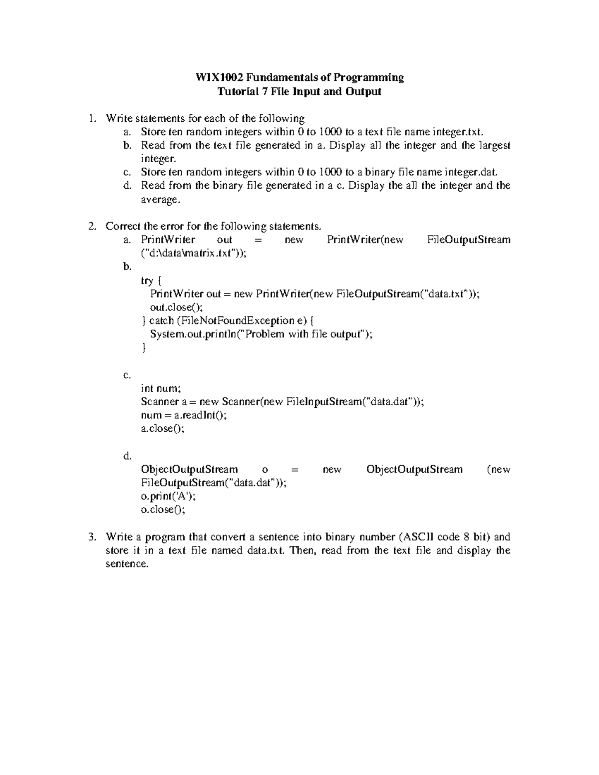 WIX1002 Final Exam Tutorial 7: File I/O & Error Correction Techniques - Studocu