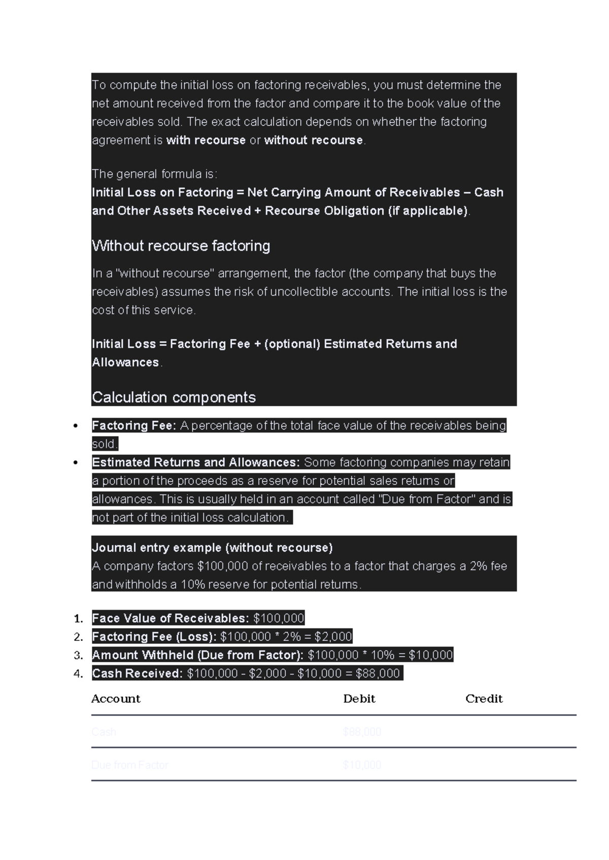 Initial Loss on Factoring Receivables: Calculation Guide - Studocu
