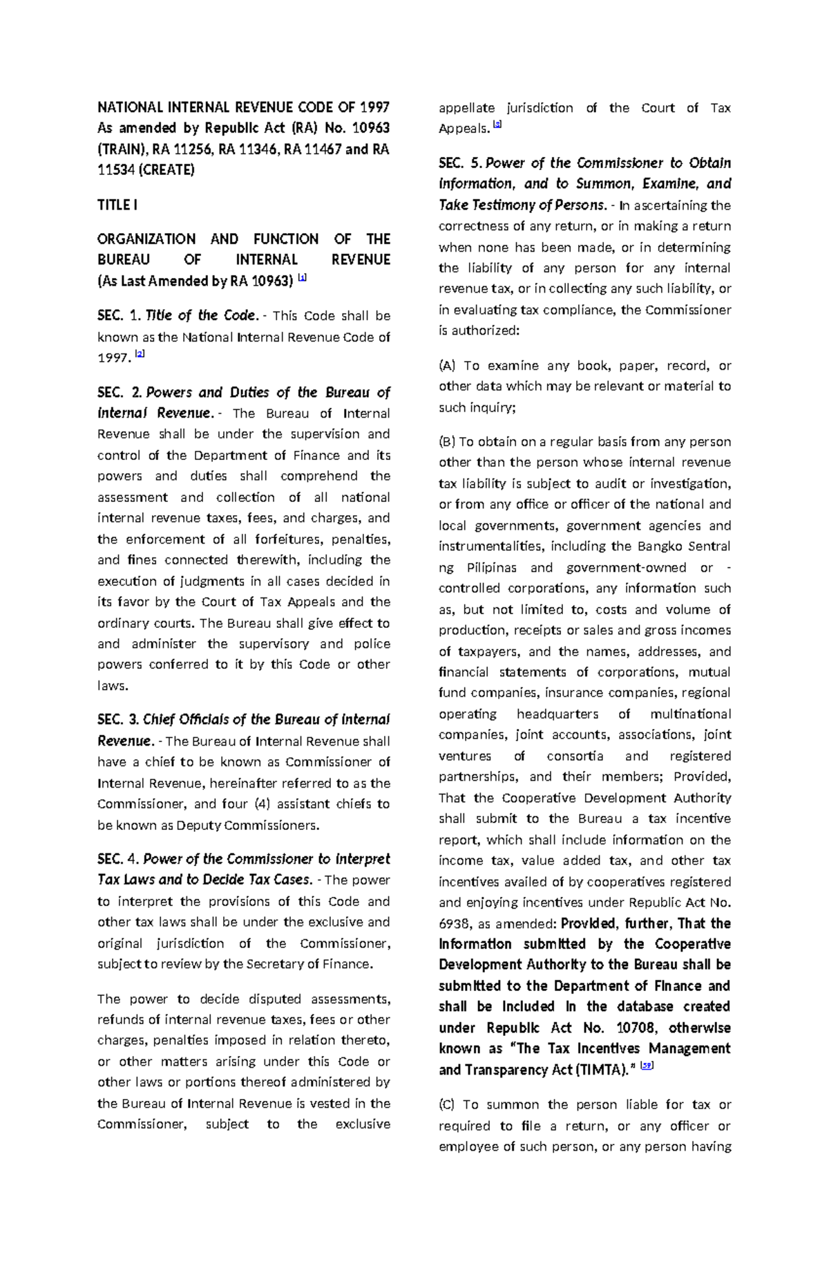National Internal Revenue Code of 1997 (TRAIN, CREATE) Overview - Studocu