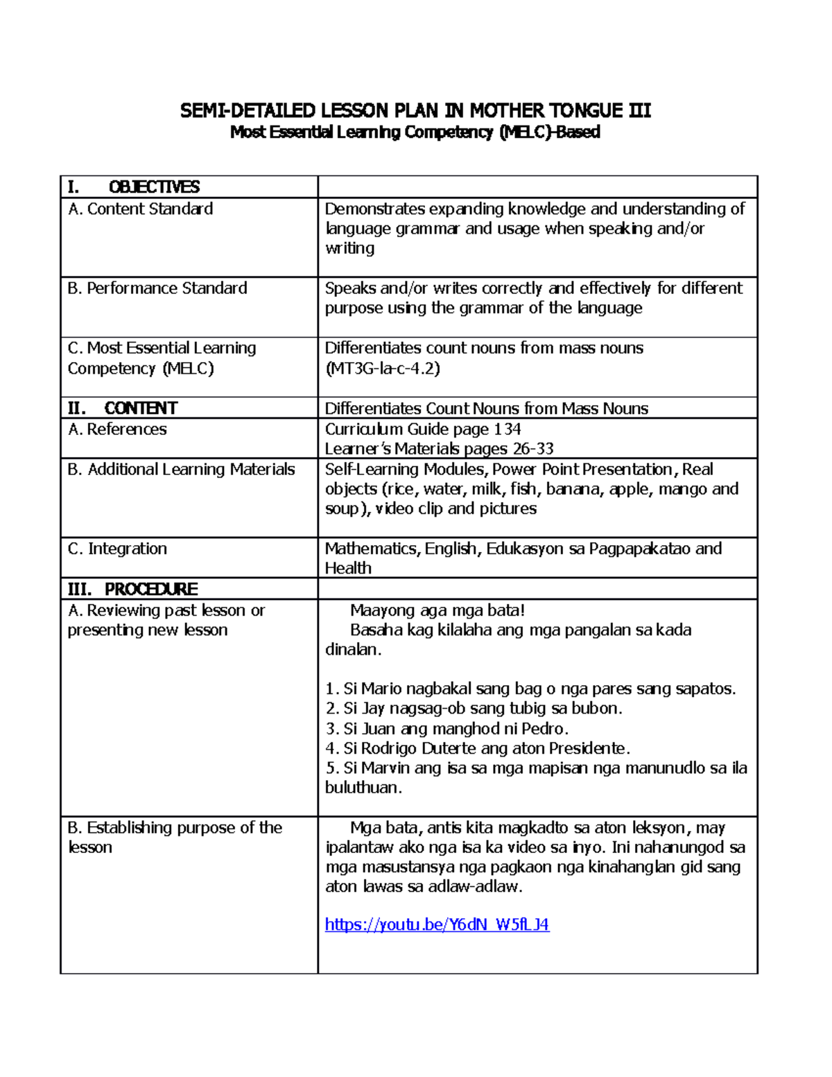 SEMI-Detailed Lesson Plan: Differentiating Count & Mass Nouns (MT3 ...