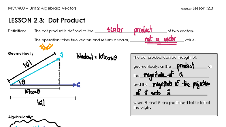 MCV4U0 Unit 2 Algebraic Vectors: Lesson 2.3 - Dot Product Explained ...