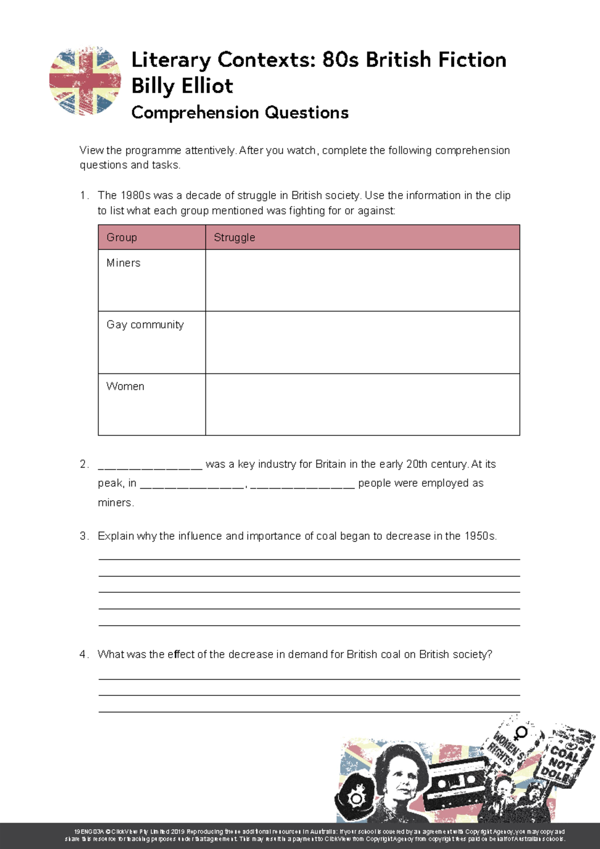 Context Billy Elliot Comprehension Questions - share this resource for ...