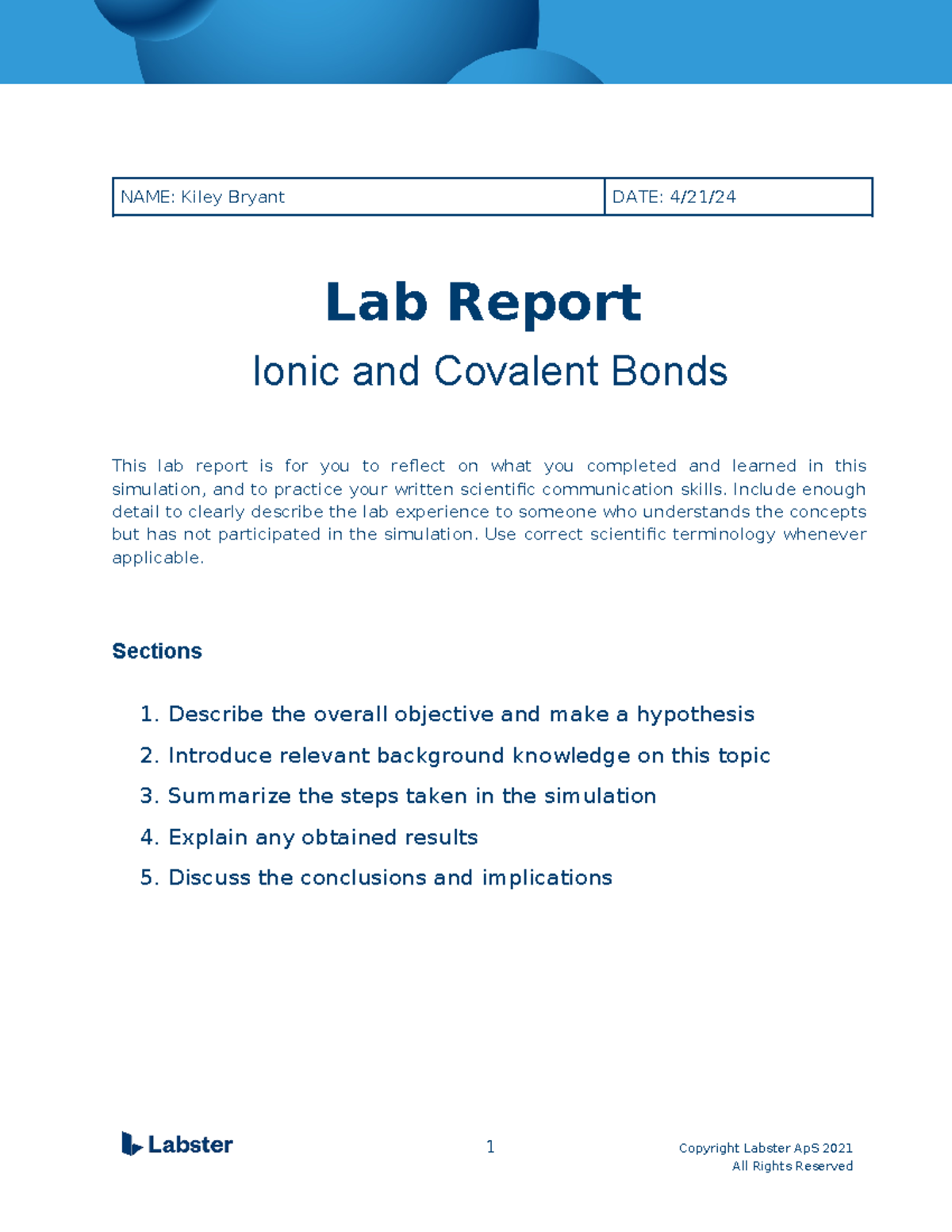 Chem 101 Lab Report: Ionic and Covalent Bonds Reflection - Studocu