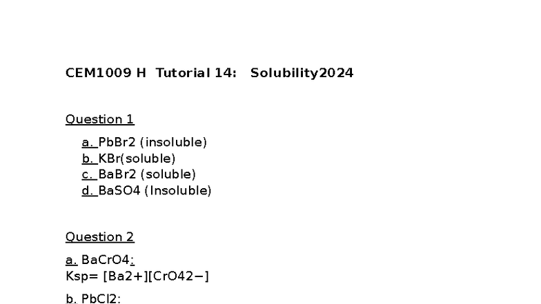 CEM1009 H Tutorial 14: Solubility Questions and Answers - Studocu
