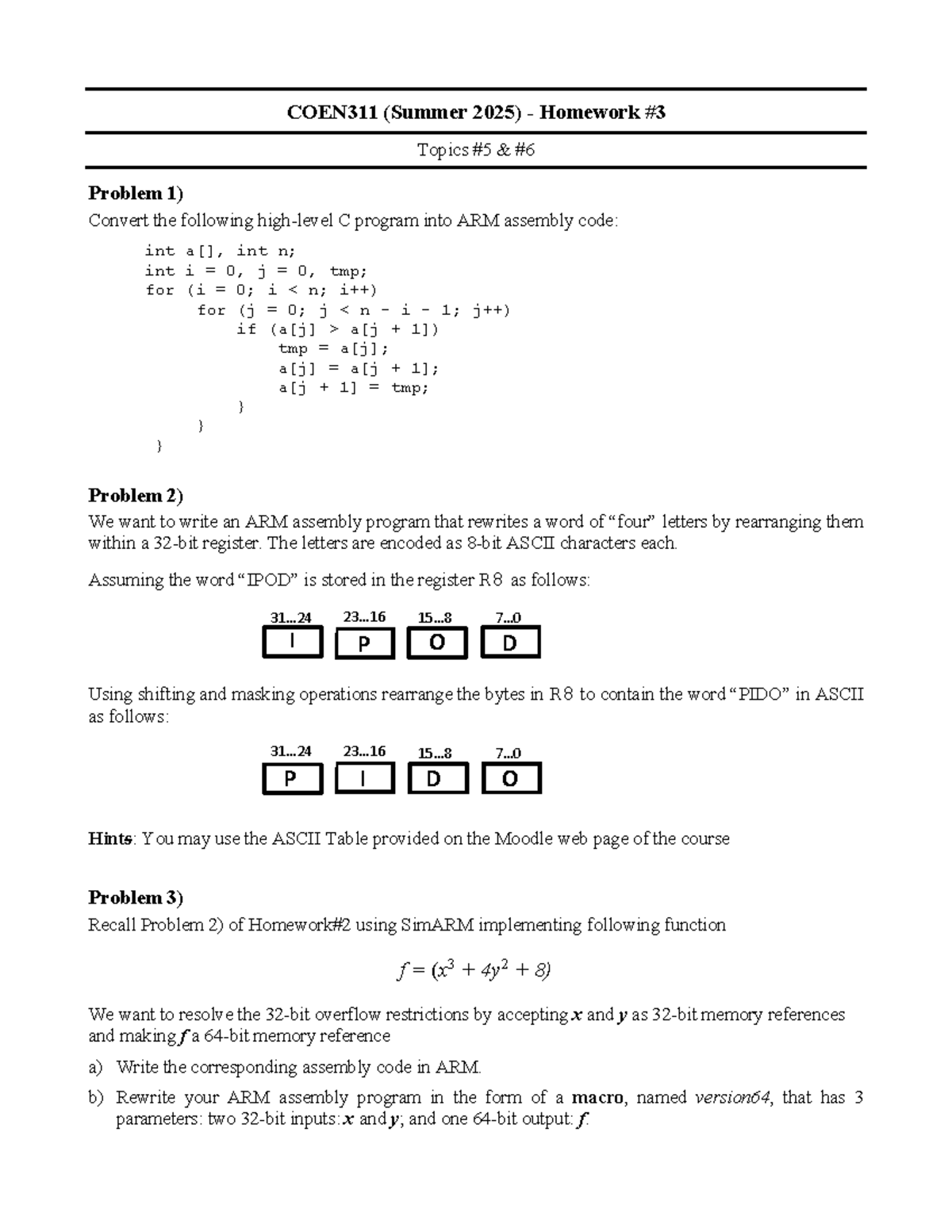 COEN311 Summer 2025 Homework #3: ARM Assembly Programming Tasks - Studocu