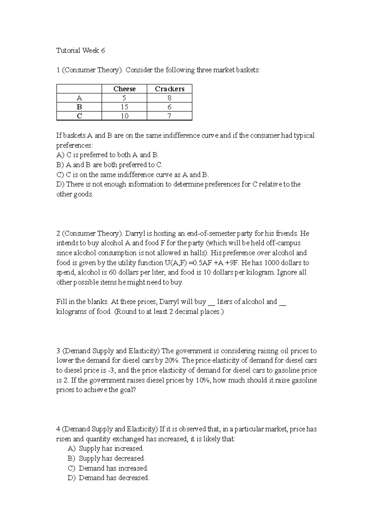 Tutorial Week 6 - Consumer Theory & Elasticity Concepts - Studocu