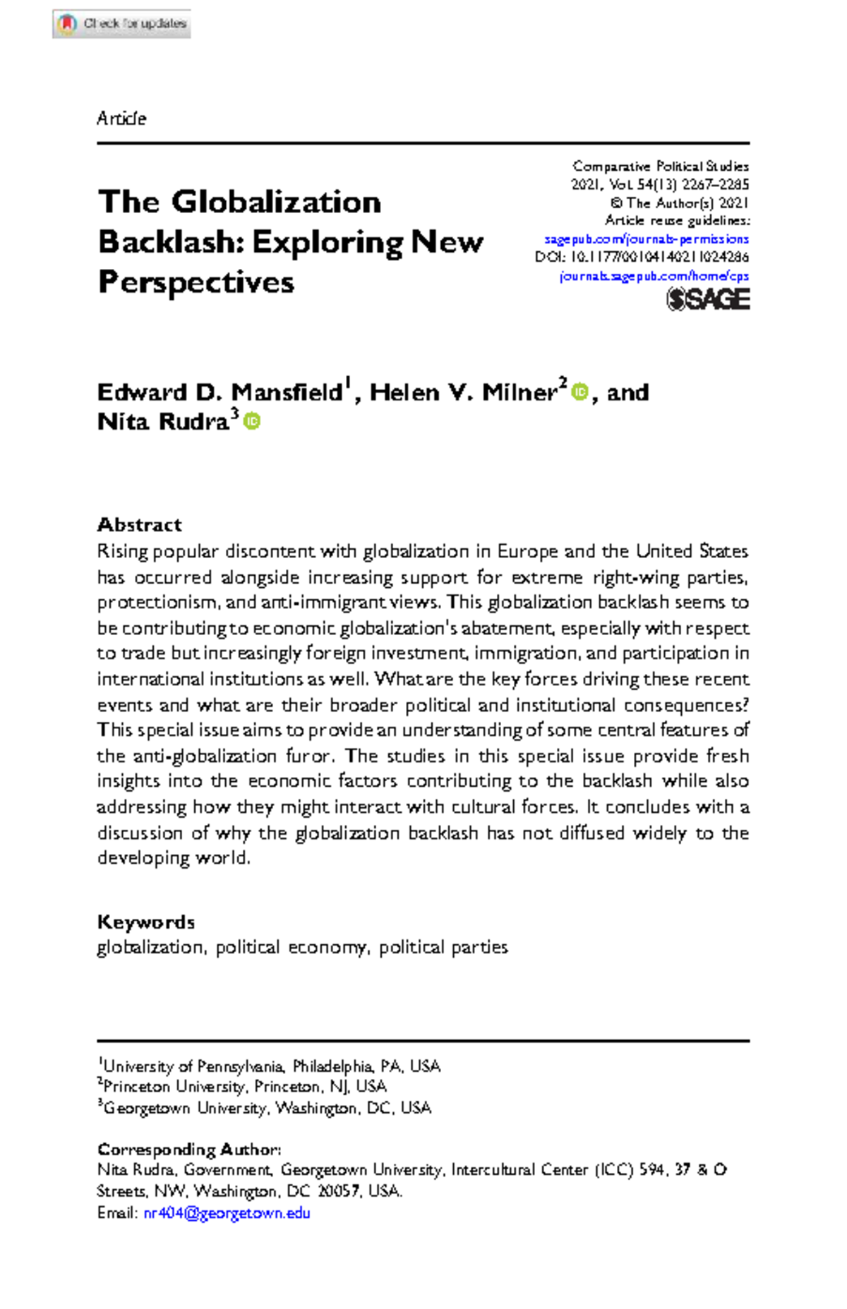 Comparative Political Studies 2021: The Globalization Backlash Explored - Studocu