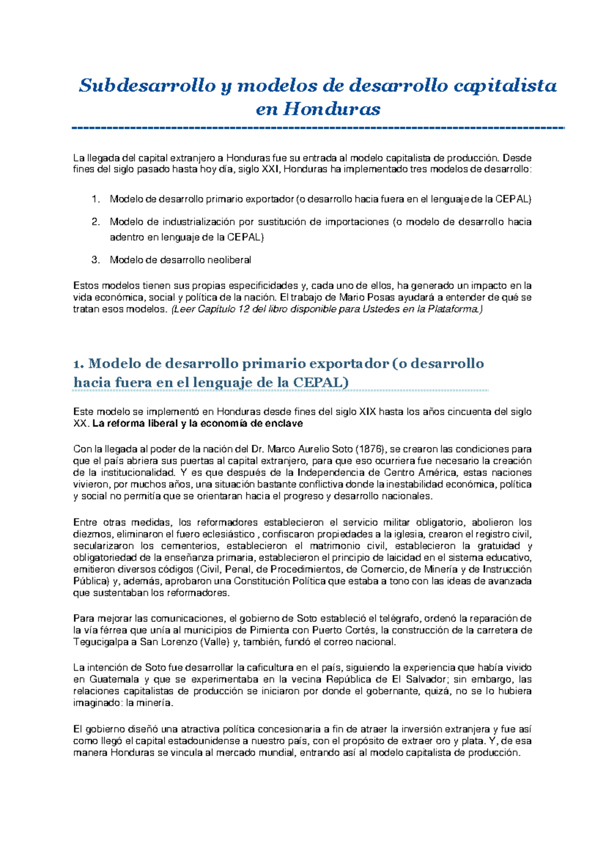 Modelos de Desarrollo Capitalista y Subdesarrollo en Honduras (SOC-101 ...