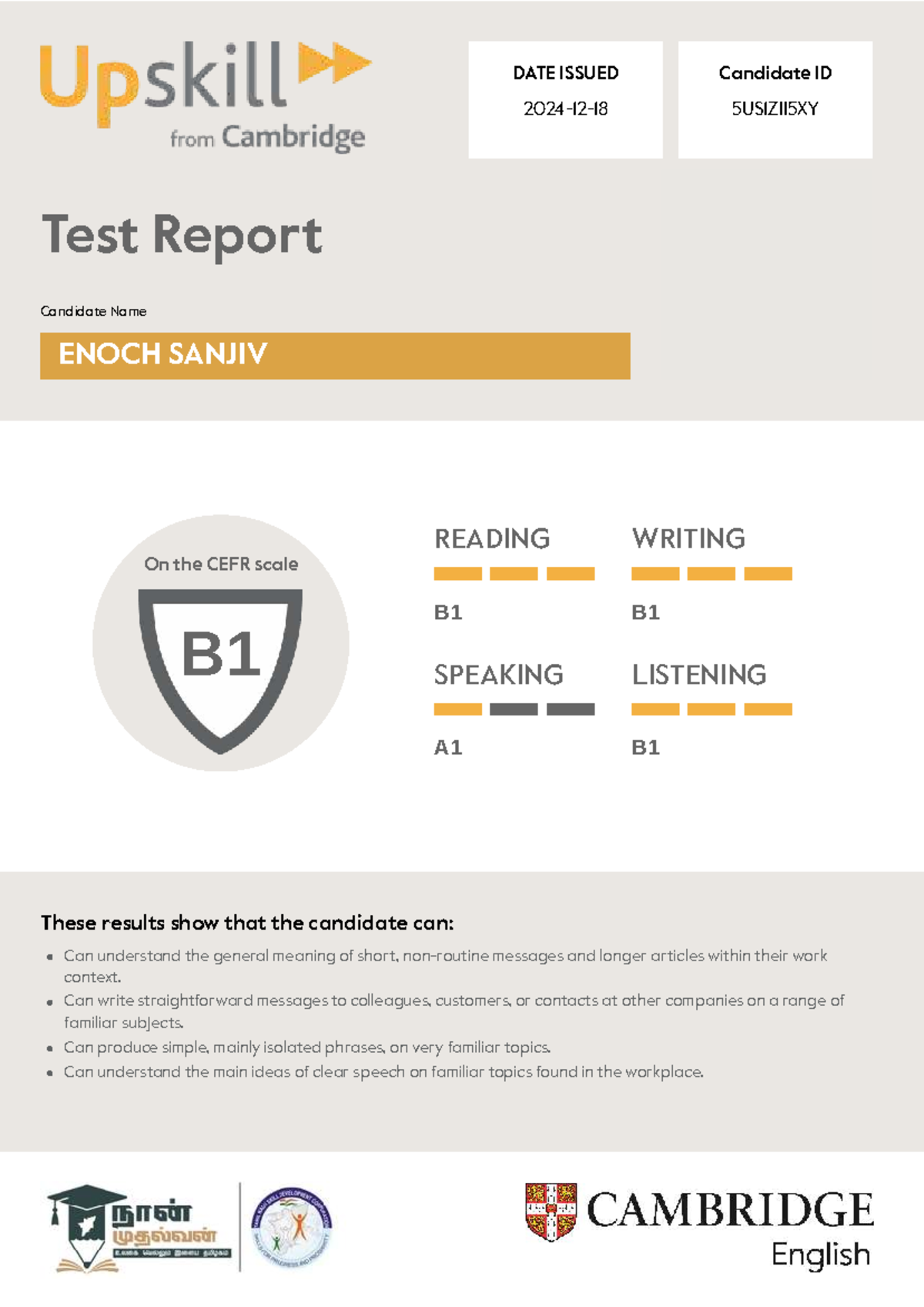 Test Report for Candidate ID 5US1ZII5XY - CEFR B1 Results - Studocu