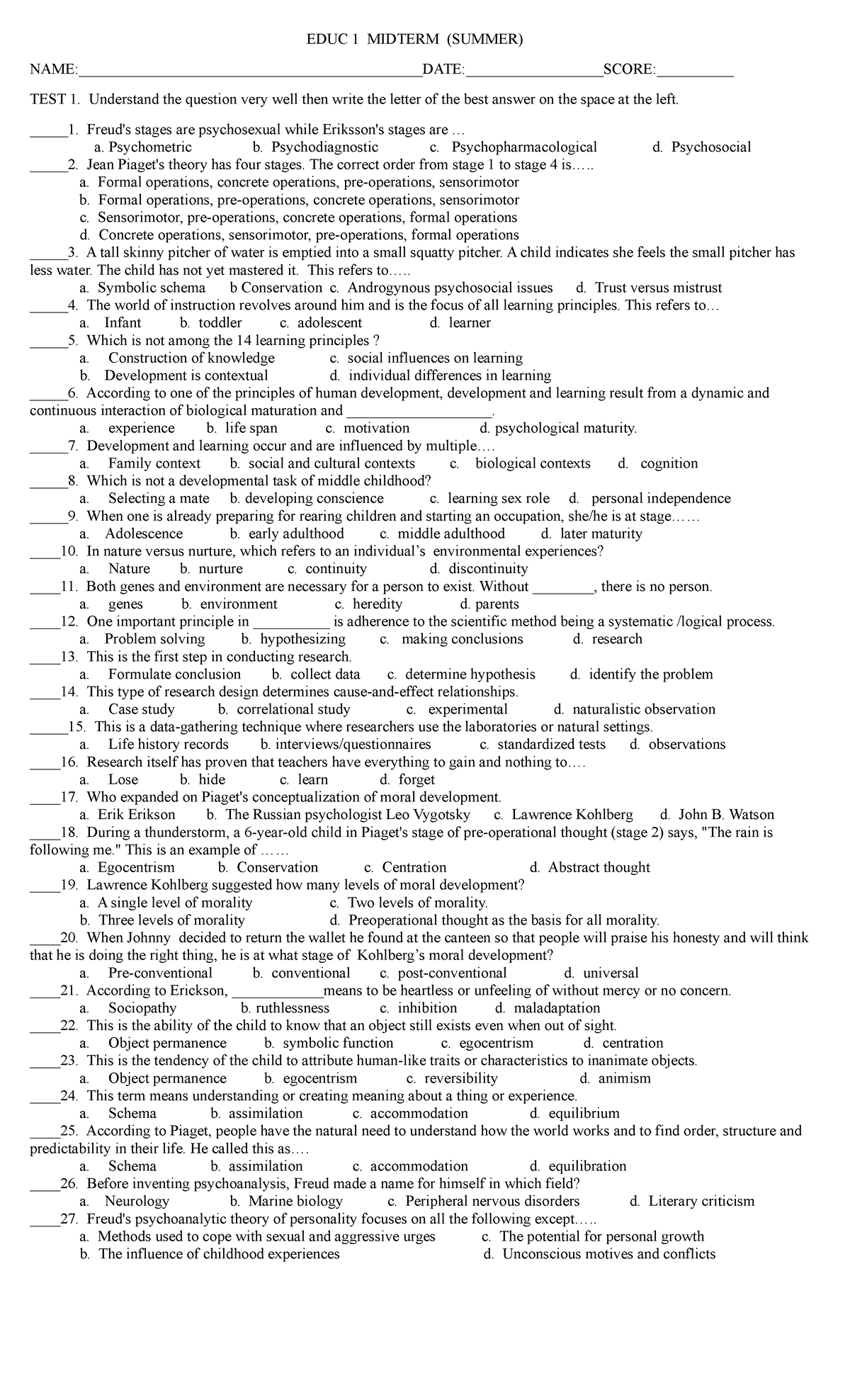 EDUC 1 Midterm: 75-item Test on Child & Adolescent Learning Principles ...