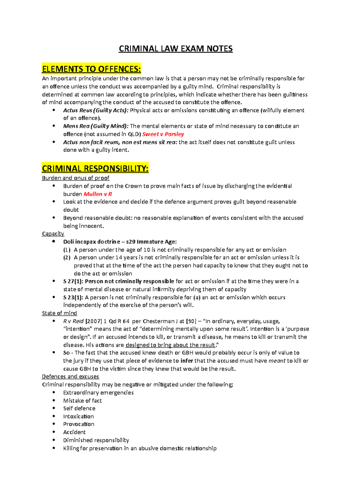 Criminal Law Exam Notes (CRIM 101) - Key Principles & Offences Overview ...