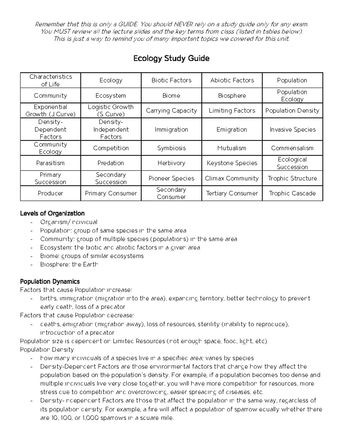 Chemistry of Life & Ecology Study Guide: Key Concepts & Terms - Studocu