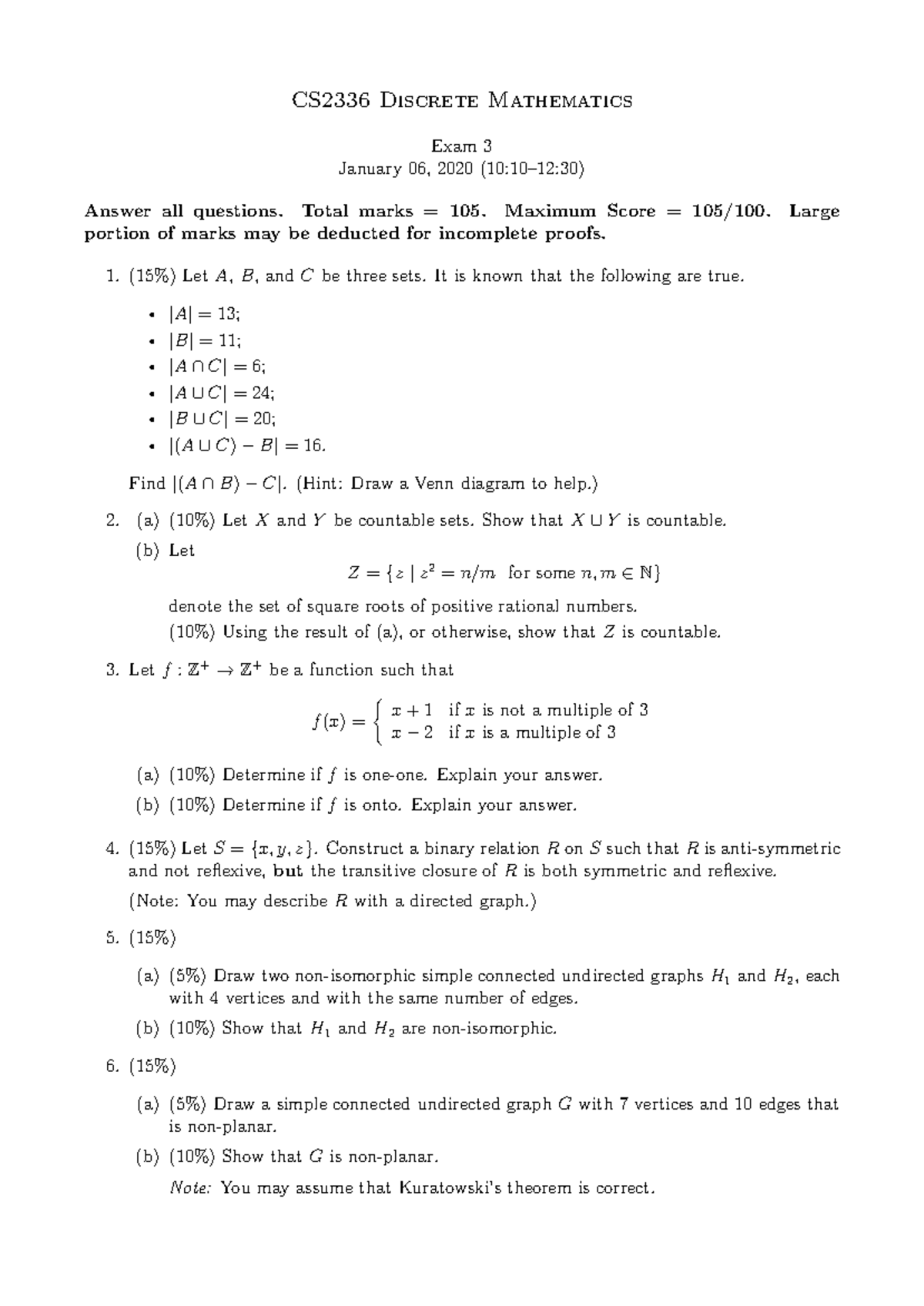 Discrete Math Final Exam - CS2336 Discrete Mathematics Exam 3 January ...