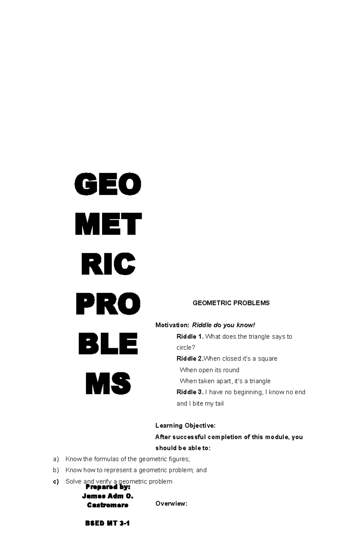 GEO 101: Geometric Problems and Solutions Overview - Studocu